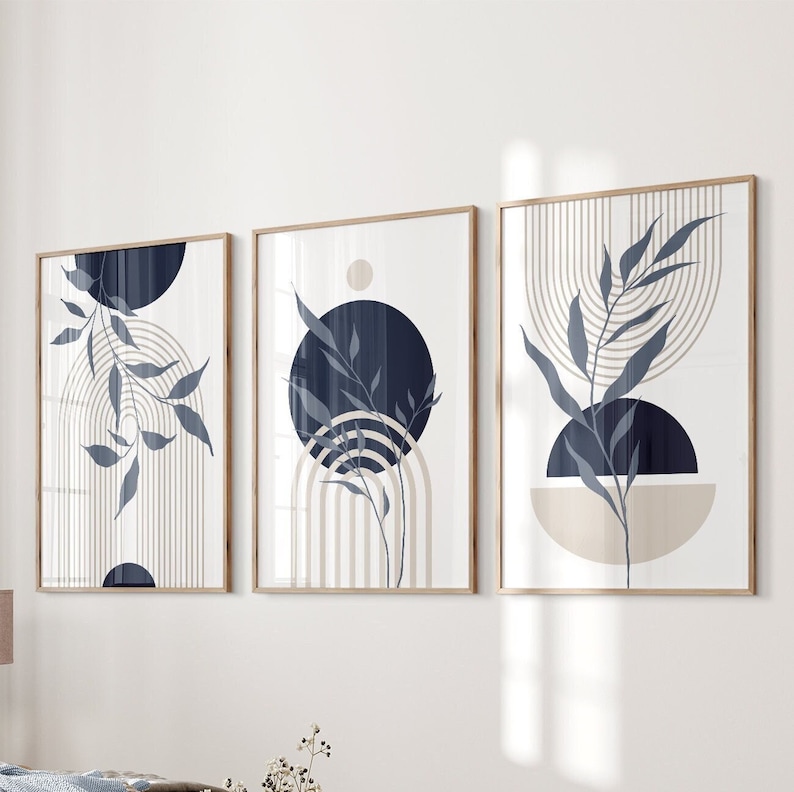 Blue Beige Mid-century Modern Art Prints - Set of 3 - Etsy