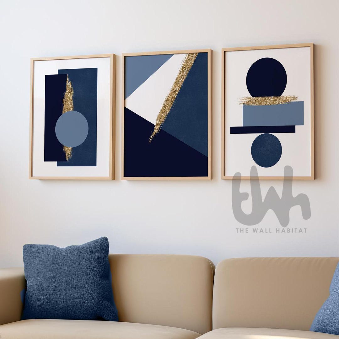 Blue and Gold Abstract Art Prints: Modern Geometric Set of 3 - Etsy