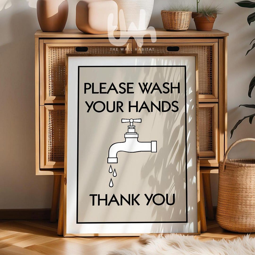 Please Wash Your Hands Bathroom Wall Art Print - Beige and Black ...