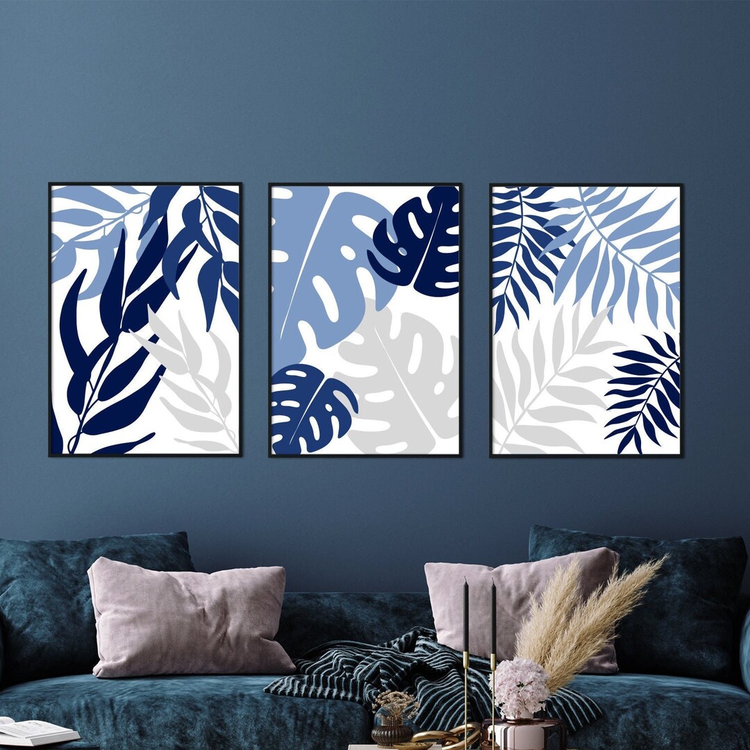 Set of 3 Blue Leaf Wall Art, Blue Wall Art, Blue and Grey Wall Art ...