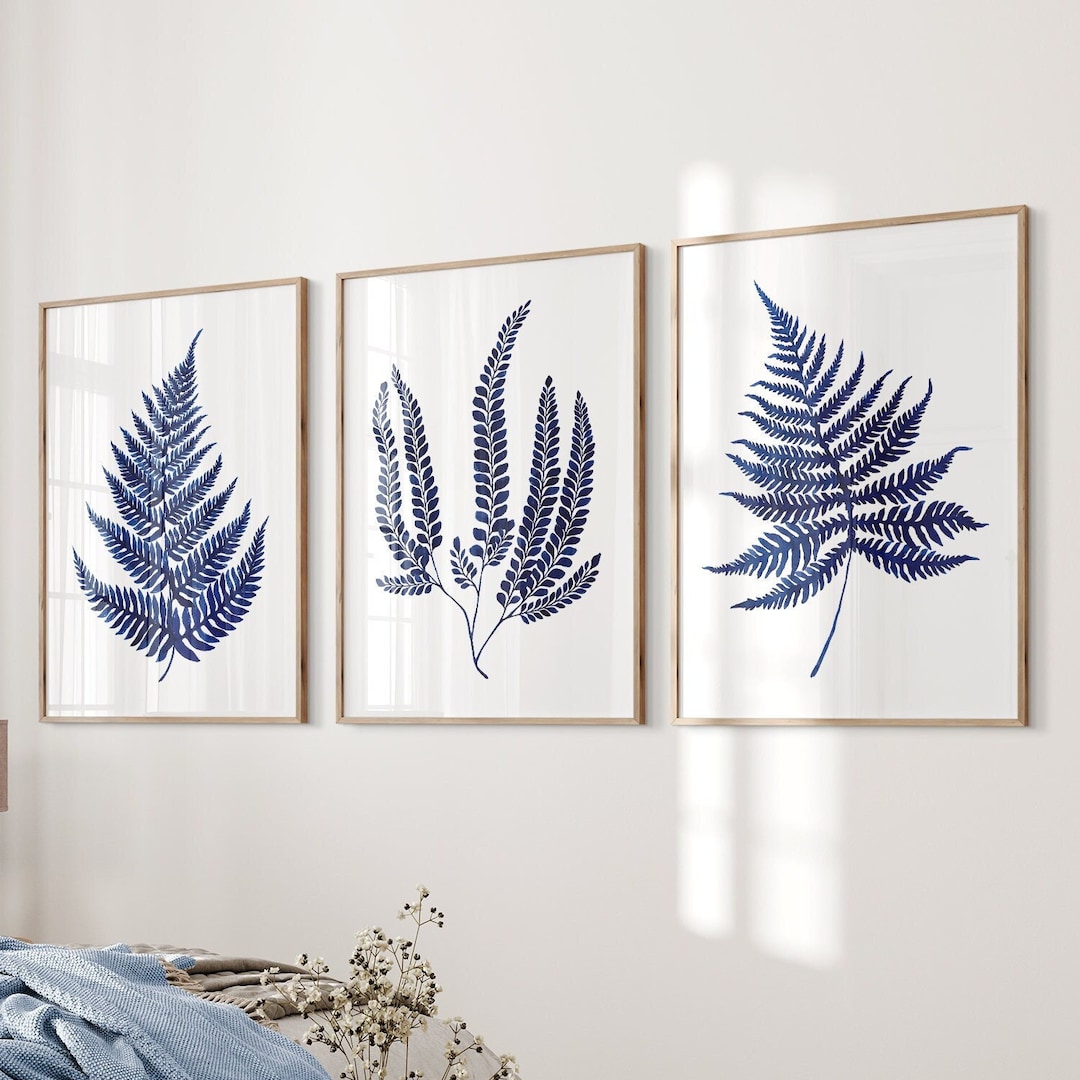 Set of 3 Dark Blue Fern Wall Art Decor, Fern Wall Prints, Dark Blue ...