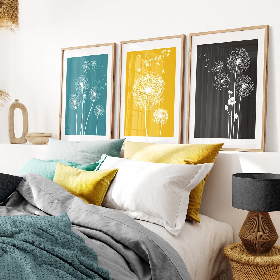 3pc Teal and Yellow Dandelion Prints, Teal Wall Art, Teal and Yellow ...