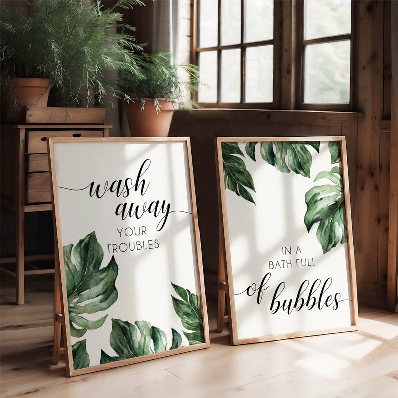 Set of 2 Green Tropical Bathroom Prints, Green Bathroom Decor, Wash ...