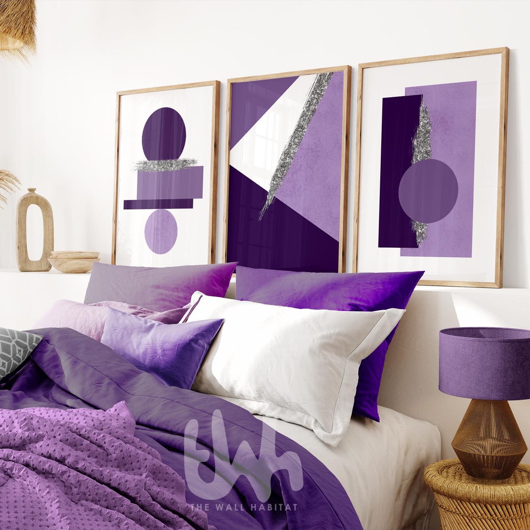 Purple & Silver Geometric Prints - Modern Abstract Wall Art (set of 3 ...
