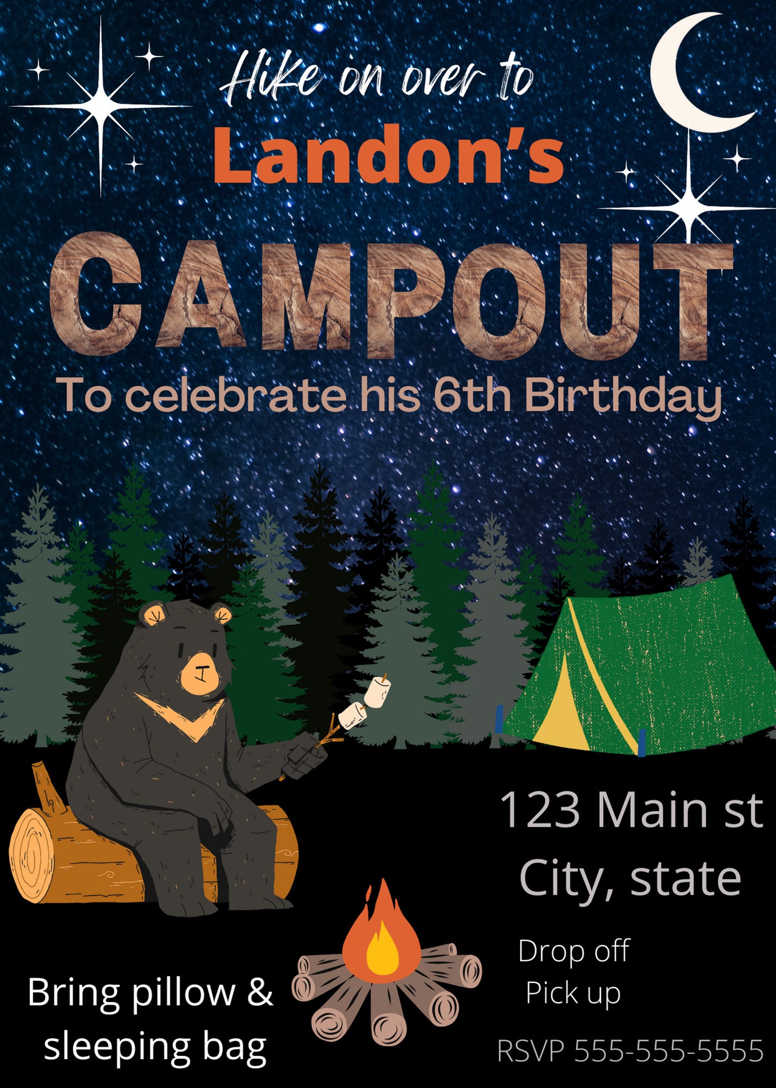 Campout Birthday Party Invitation, Campout Sleepover Editable Party ...