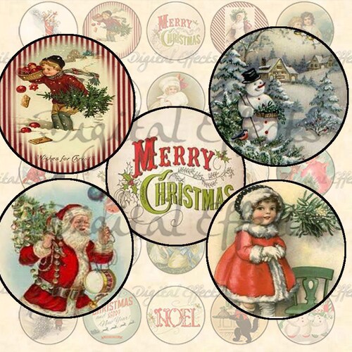Vintage Christmas Digital Collage Sheet 1 Inch Round | Etsy