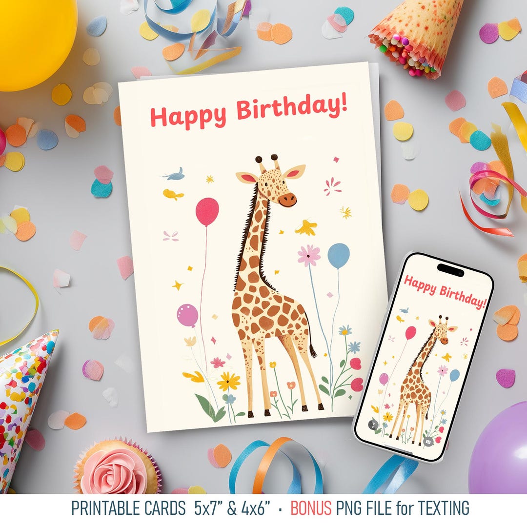 Happy Birthday Card Giraffe, Digital Printable Birthday Card & Envelope ...