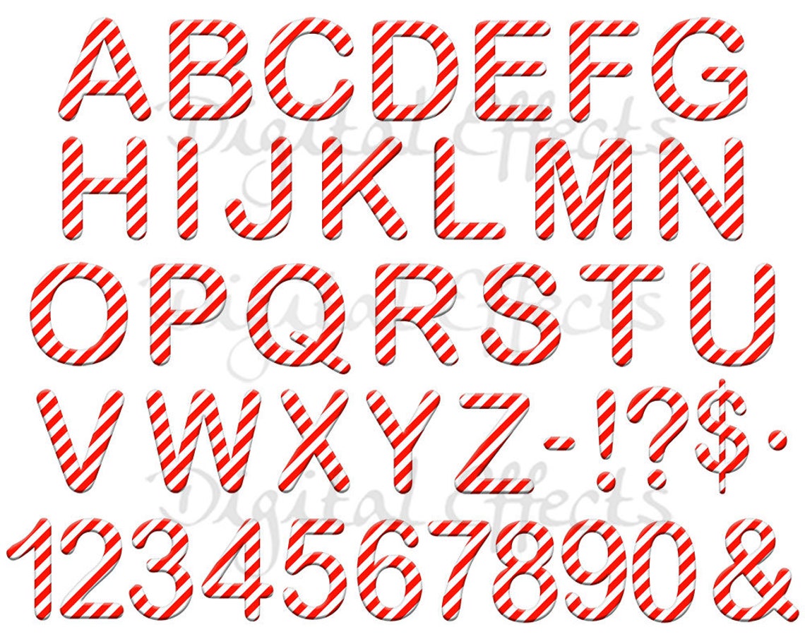 CANDY CANE Alphabet, Stylized Red & White Candy Striped Letters Numbers ...