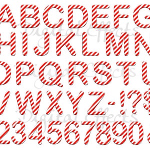 CANDY CANE Alphabet, Stylized Red & White Candy Striped Letters Numbers ...