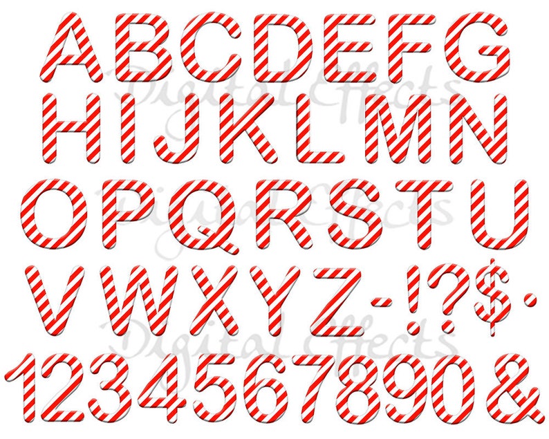 CANDY CANE Alphabet, Stylized Red & White Candy Striped Letters Numbers ...