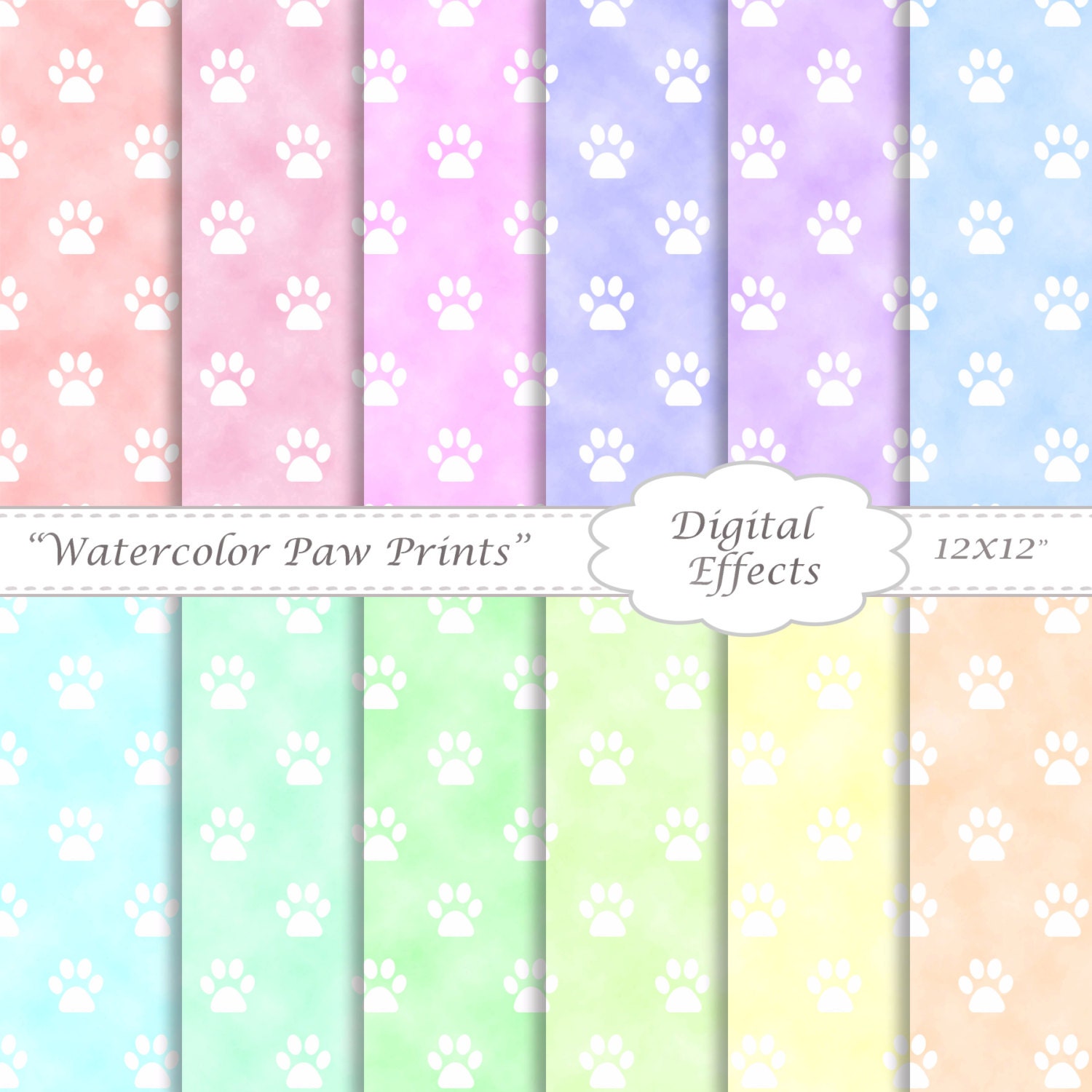 PAW PRINT DIGITAL Paper, Pastel Digital Scrapbook Paper 12x12" Cat Paws ...