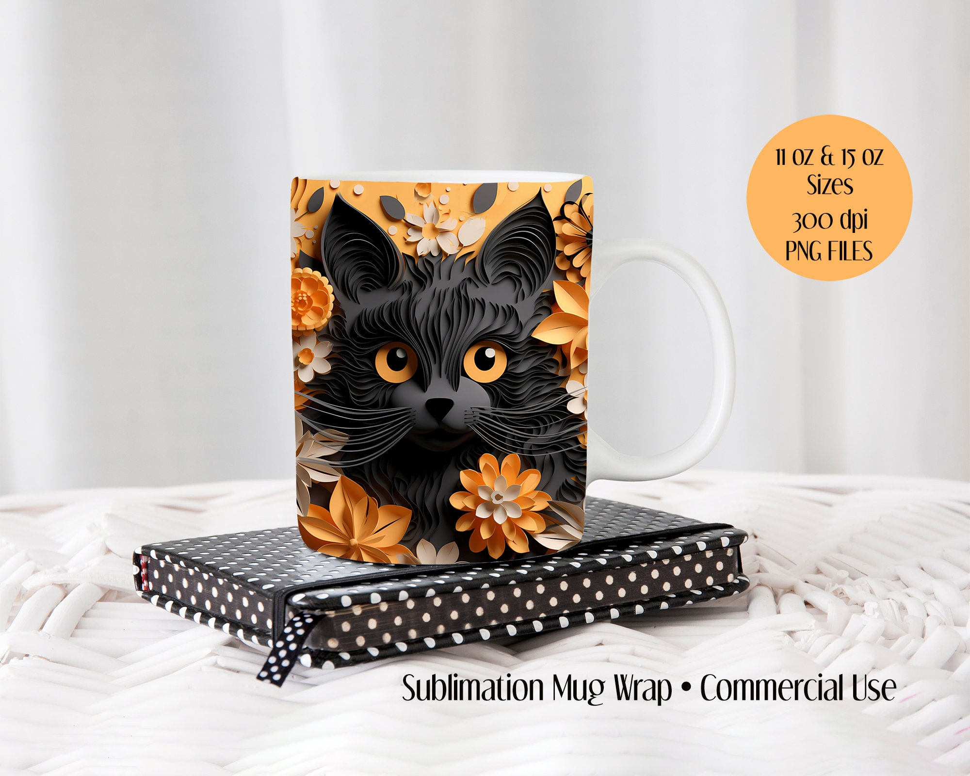 Fall Mug Wrap Black Cat Mug Sublimation, 3D Cat 11oz 15oz Mug ...