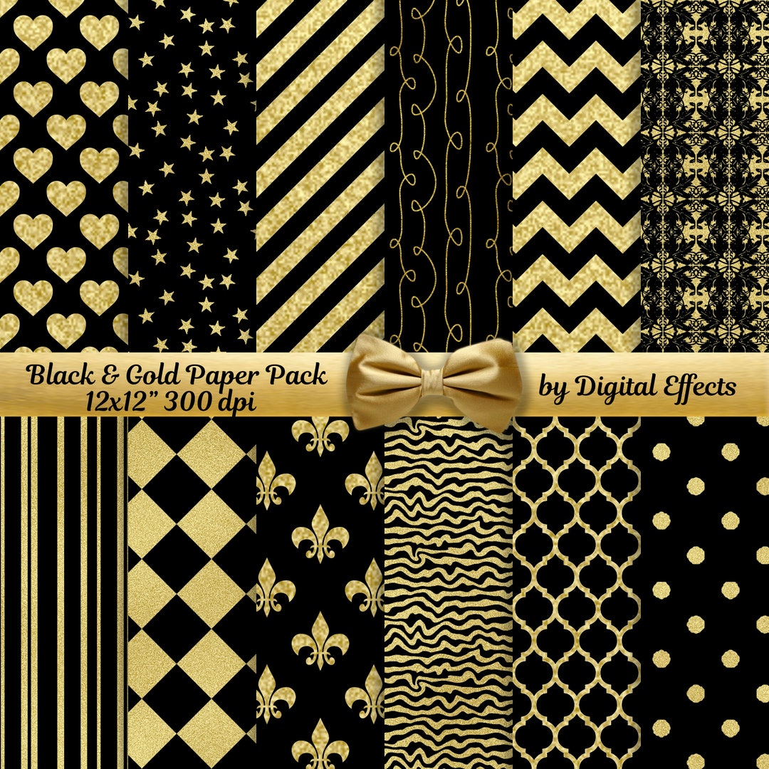 Black & GOLD Printable Digital Paper Pack, Gold Foil Pattern Digital ...