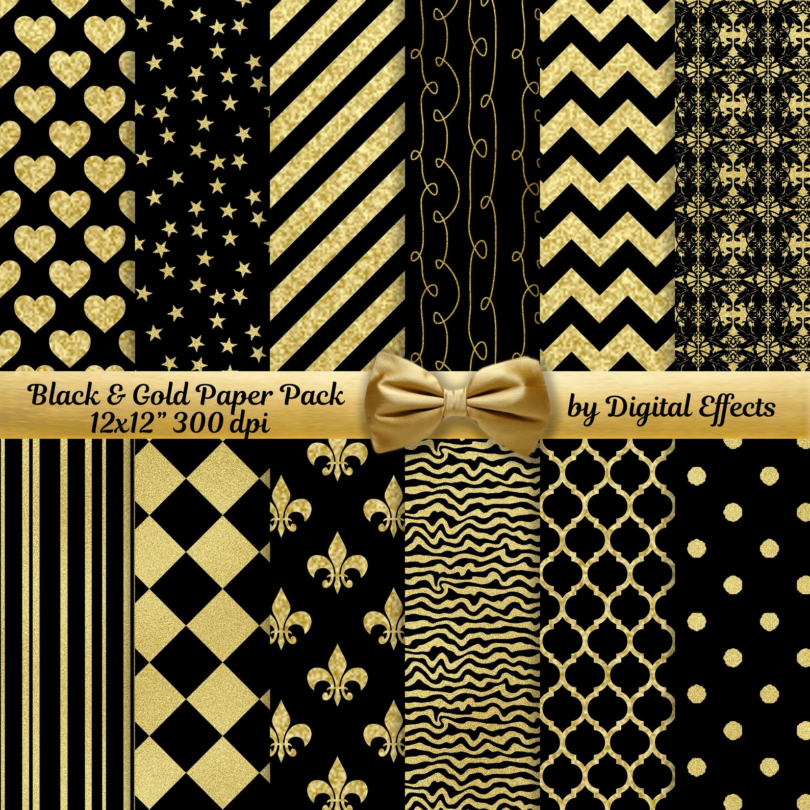 Black & GOLD Printable Digital Paper Pack, Gold Foil Pattern Digital ...