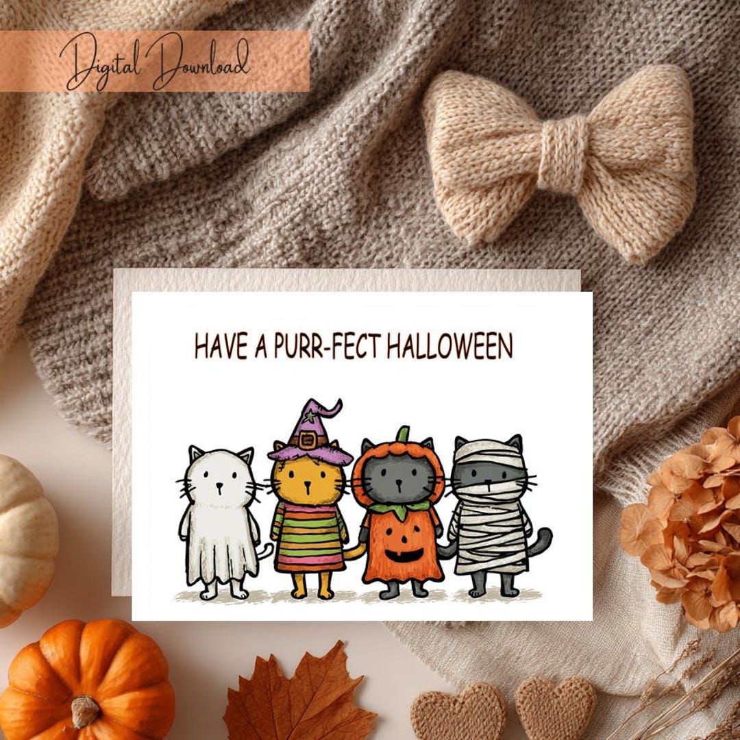 Printable Halloween Card, Digital Download Cute Funny Cats Card for ...