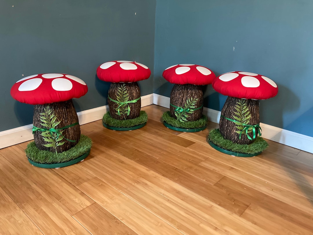 Set of Four Mushroom Stools, Toadstool Red Kids Seats, Woodland Step ...