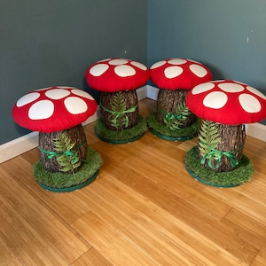 Set of Four Mushroom Stools, Toadstool Red Kids Seats, Woodland Step ...