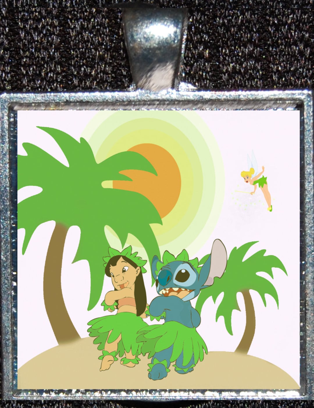 Disney Lilo & Stitch Tinkerbell Palm Trees Silver Pendant Necklace ...