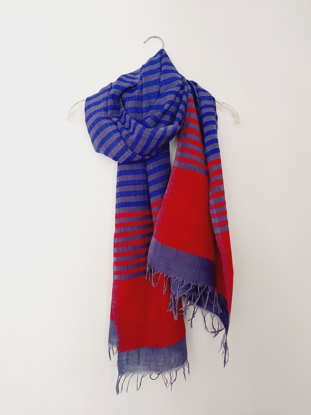 Indigo Blue Shawl - Red Striped Scarf - Unisex Handwoven Organic Cotton ...