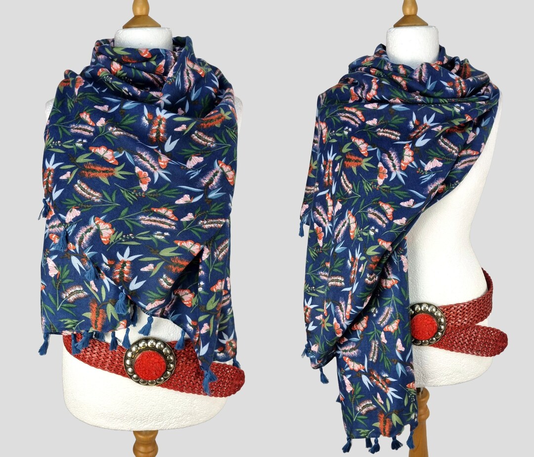 Butterflies Floral Woman Scarf Botanical Garden Tassel Wrap, Pareo ...