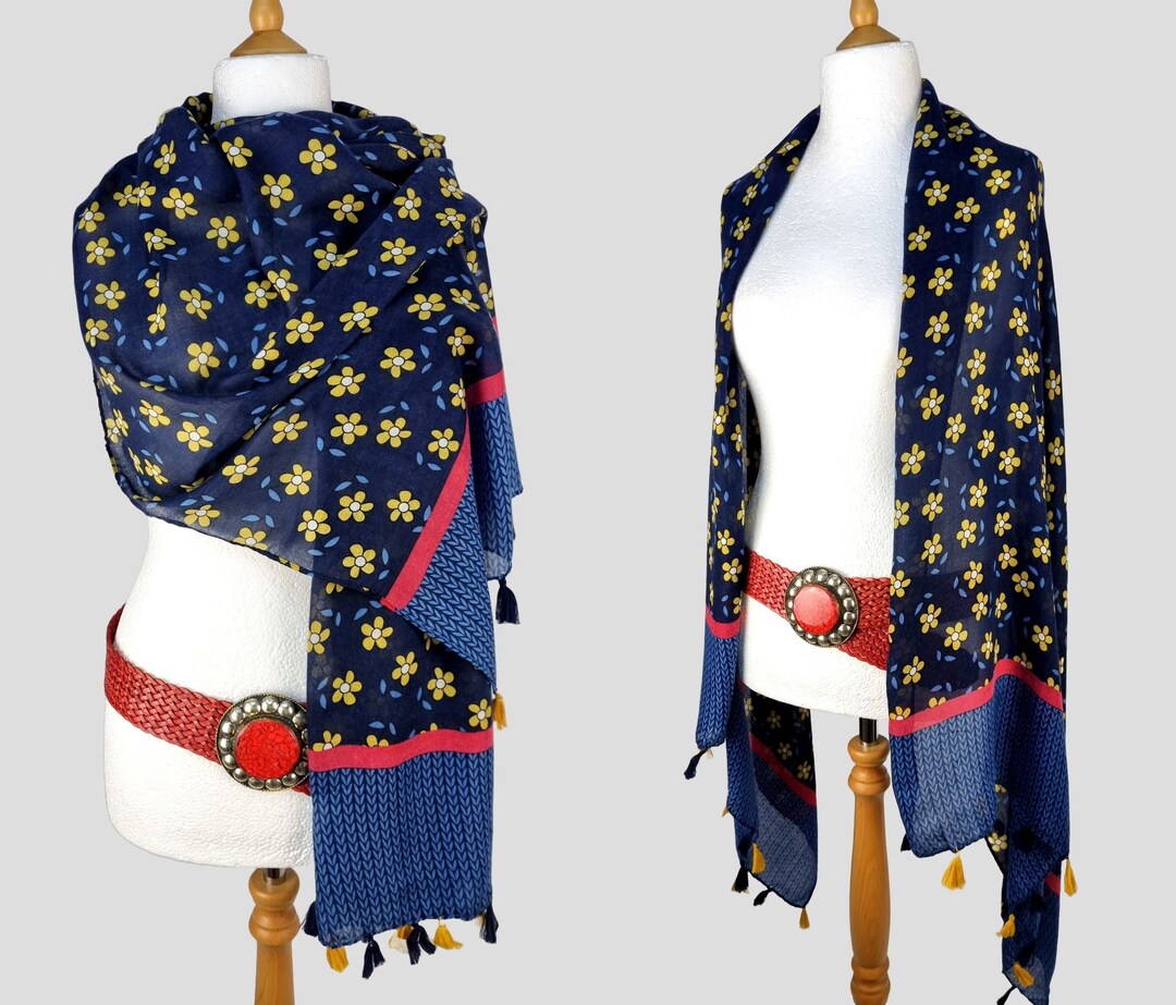 Navy Floral Woman Scarf Botanical Garden Tassel Wrap, Pareo, Beach Wrap ...