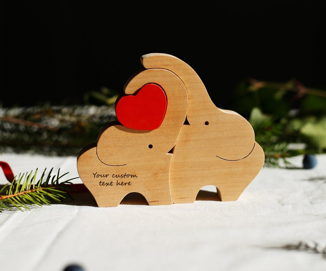 Valentines Day Gift for Couple, Wooden Cuddling Elephants With Heart ...