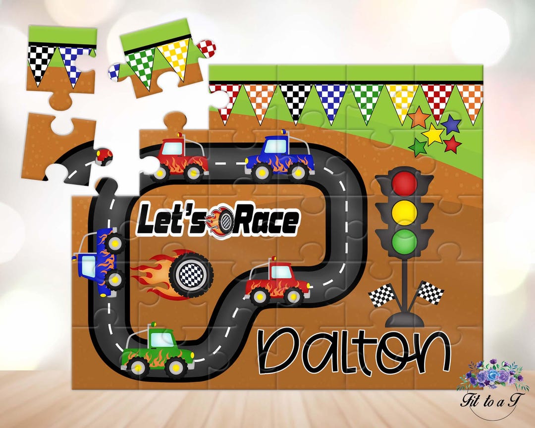 Personalized Kids Race Track Jigsaw Puzzle, Race Theme Party Favors ...