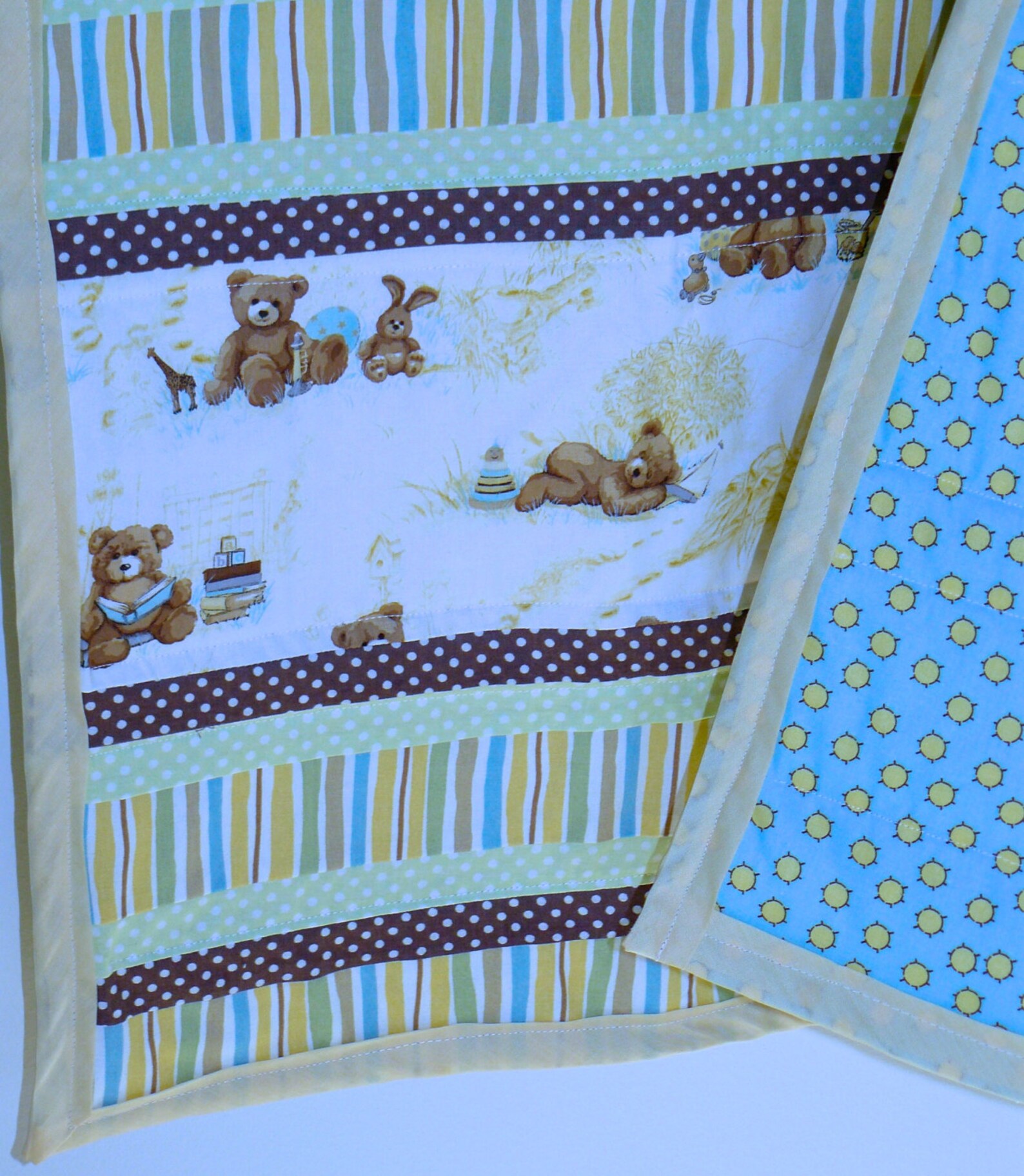 Teddy Bear Striped, Baby Quilt, Crib, Handmade, Blue, Yellow, Brown ...