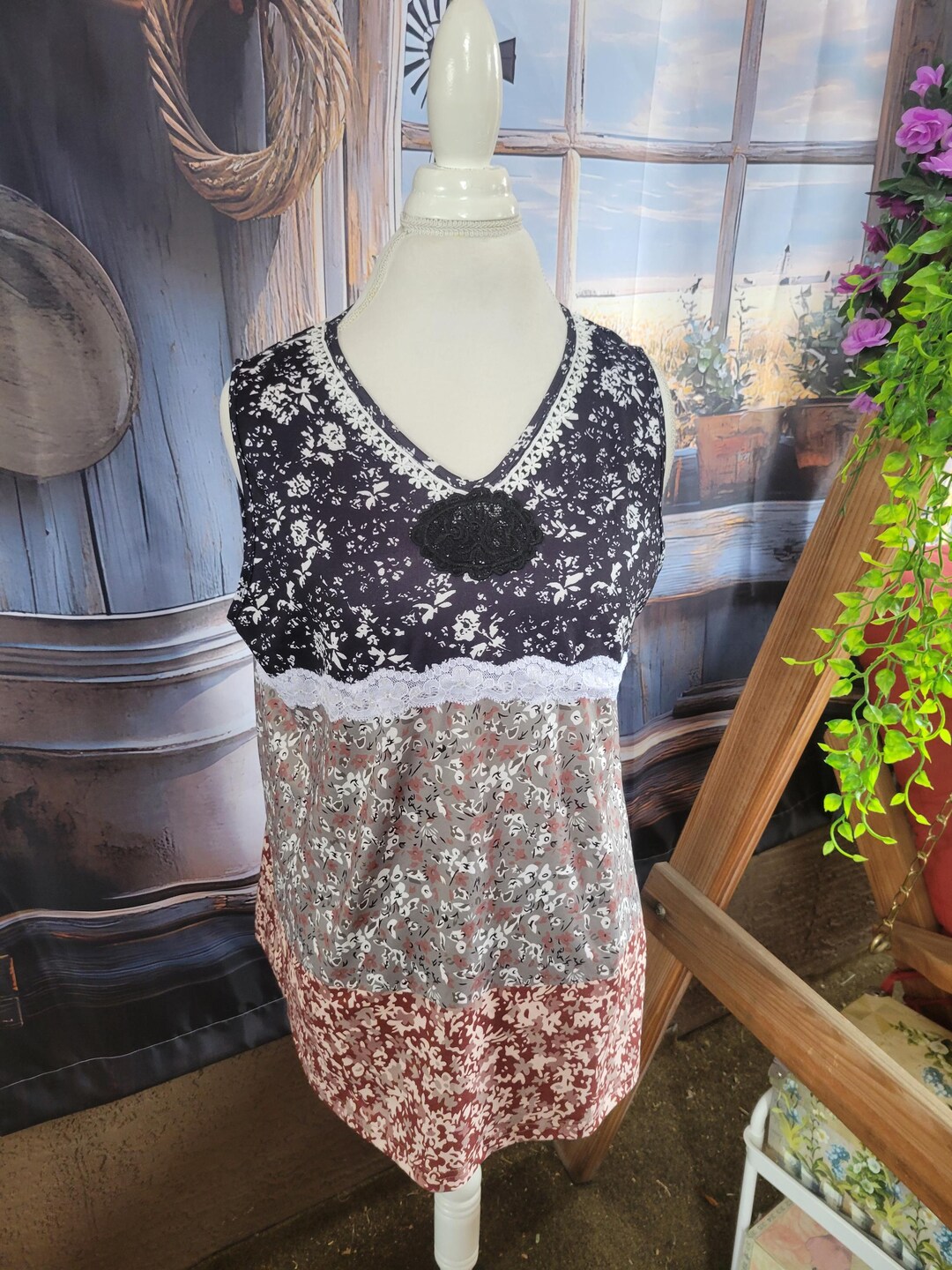 Floral Pattern Color Mix Upcycled Summer Top Lace Trim Size Large - Etsy