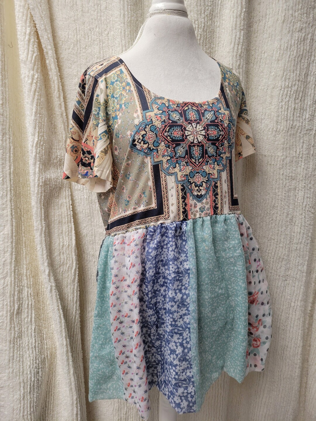 Soft Floral Sequined Top Tunic Upcycled One of a Kind Boho Size Large ...