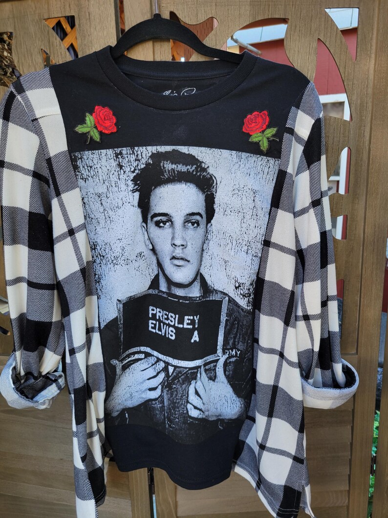 Elvis Design Plaid Roses Upcycled Shirt Tunic Size L - Etsy