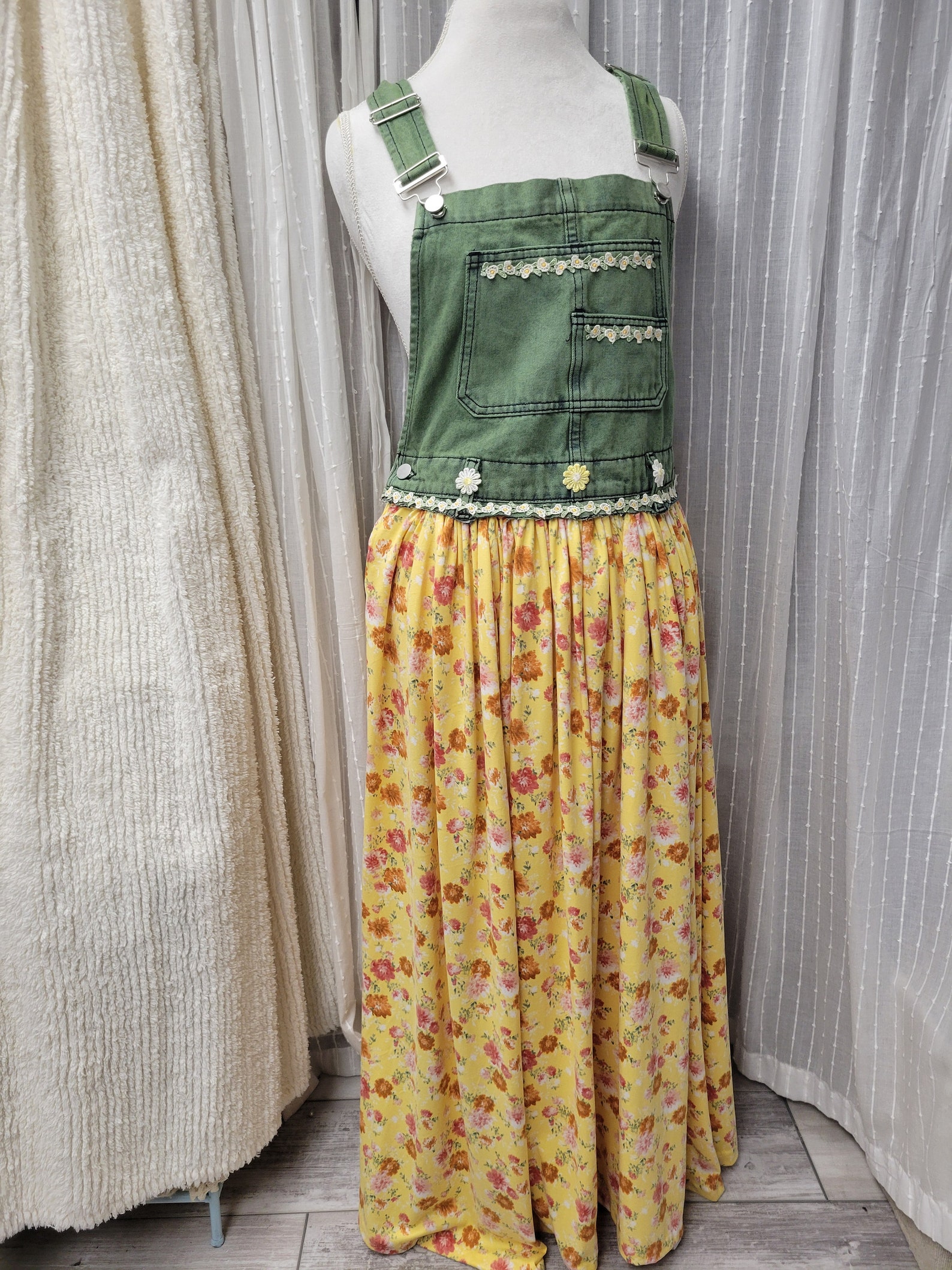 Long Boho Denim and Stretch Floral Knit Overall Dress Size Medium - Etsy