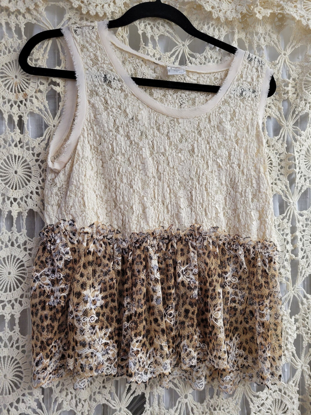 Little Lacey Upcycled Top Solid Beige Over Animal Print Size M - Etsy