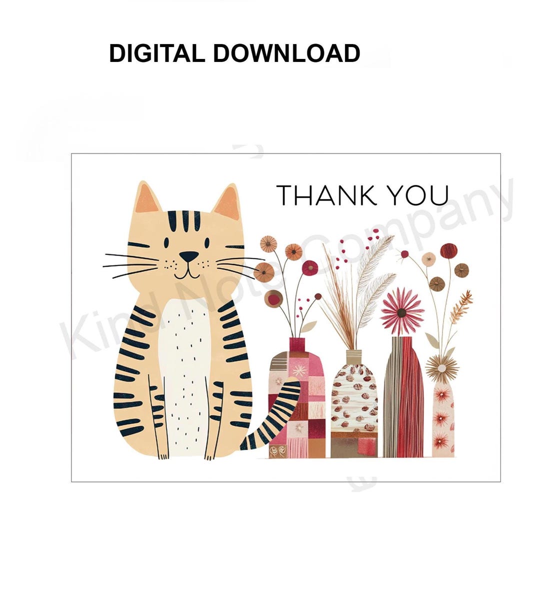 DIY Thank You Note Card, Cat With Flower Vases, Printable Card, Blank ...