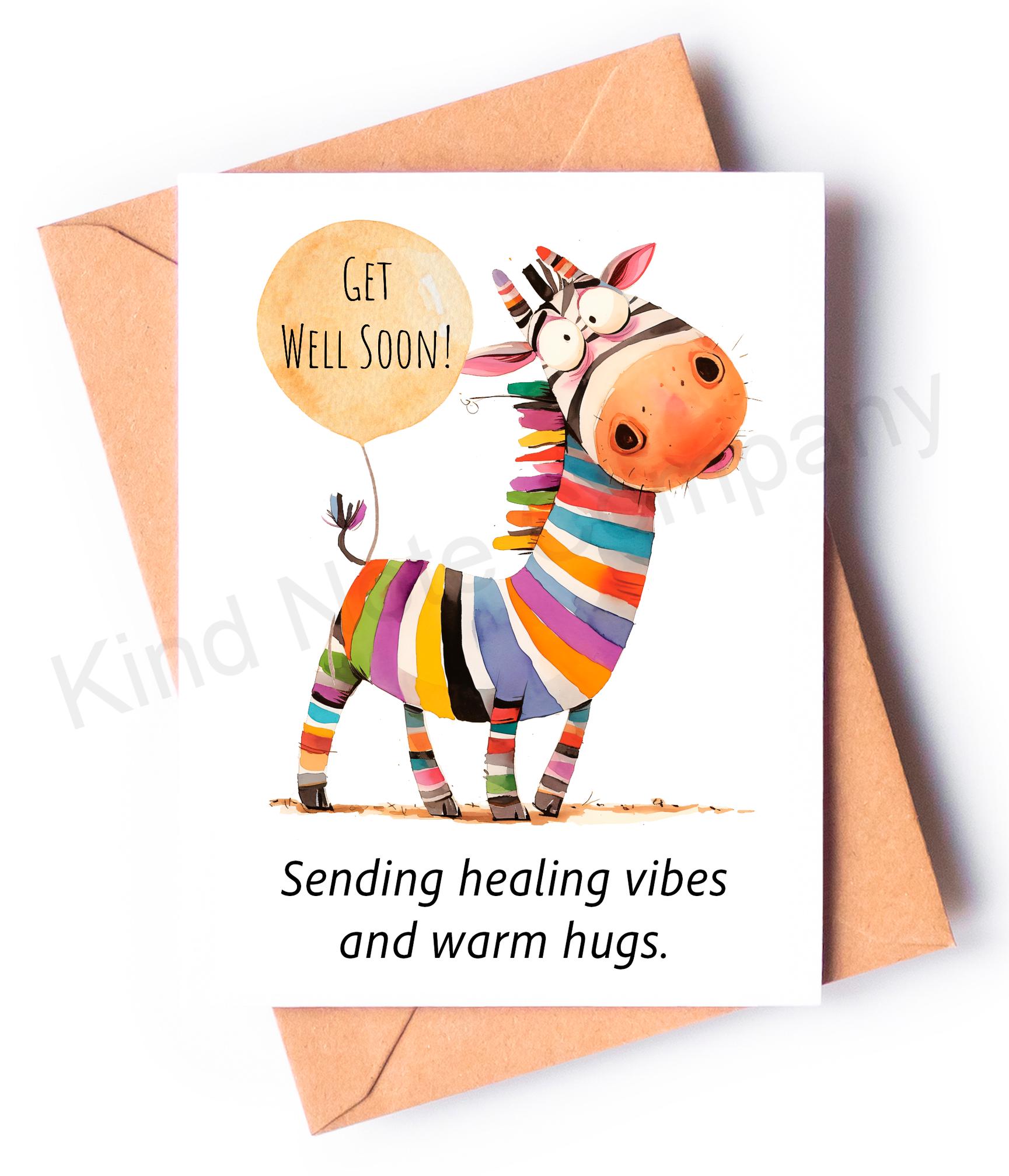Get Well Card, Healing Vibes and Warm Hugs, Funny Zebra, Blank Inside ...