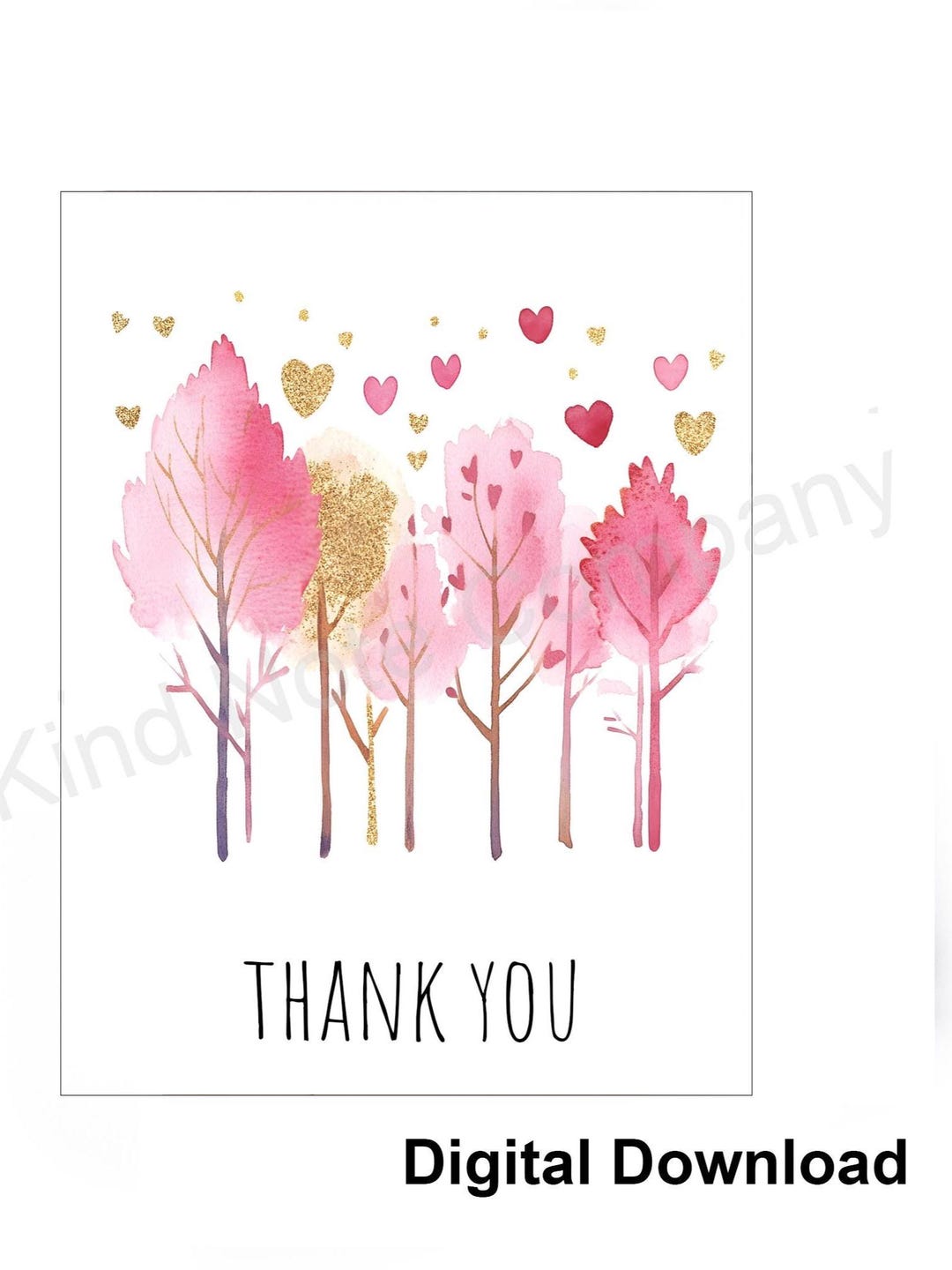 DIY Thank You Note Card, Pink Trees, Printable Card, Blank Inside - Etsy