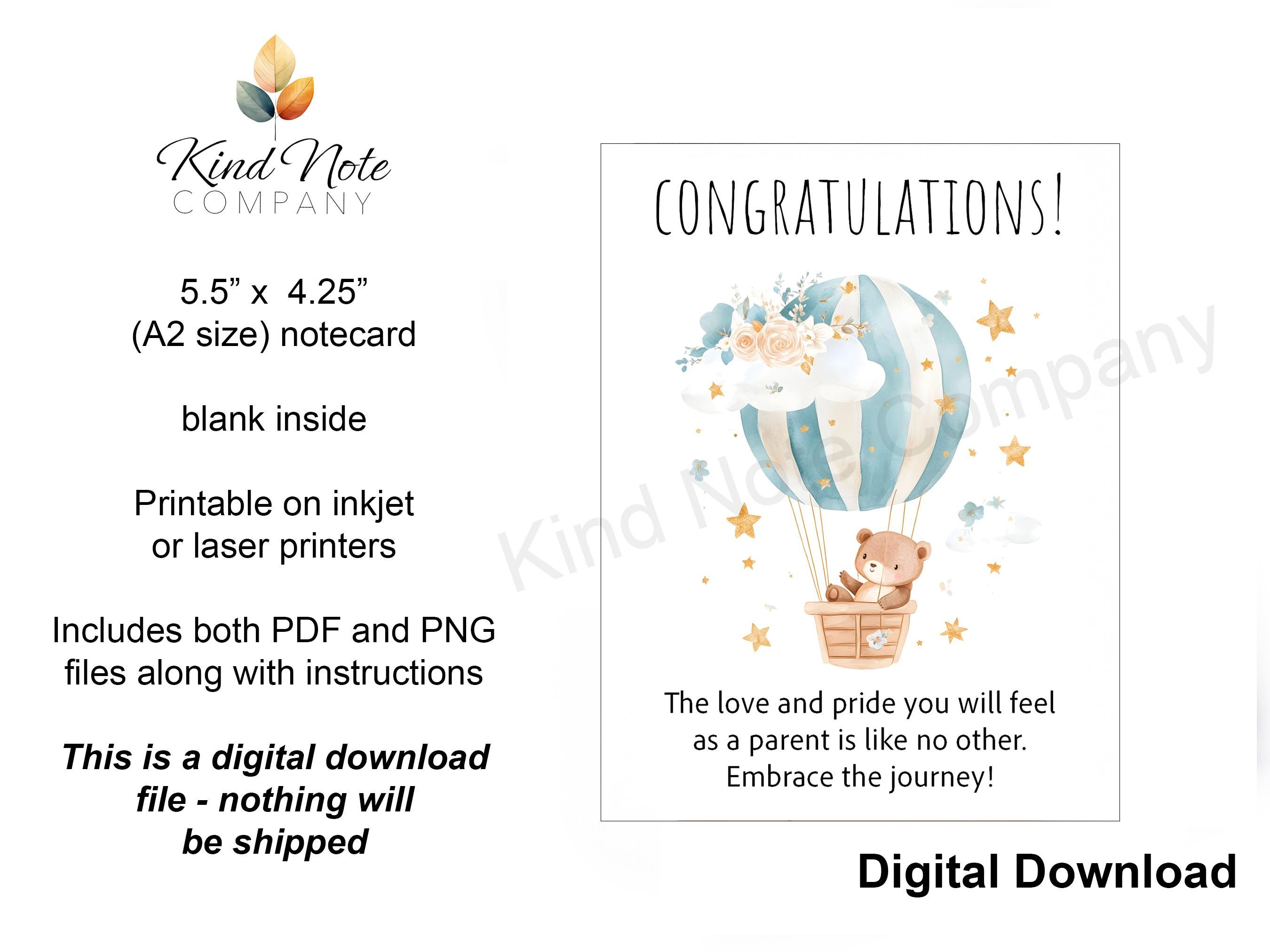 DIY Baby Boy Congratulations Note Card, Bear in Balloon, Printable Card ...