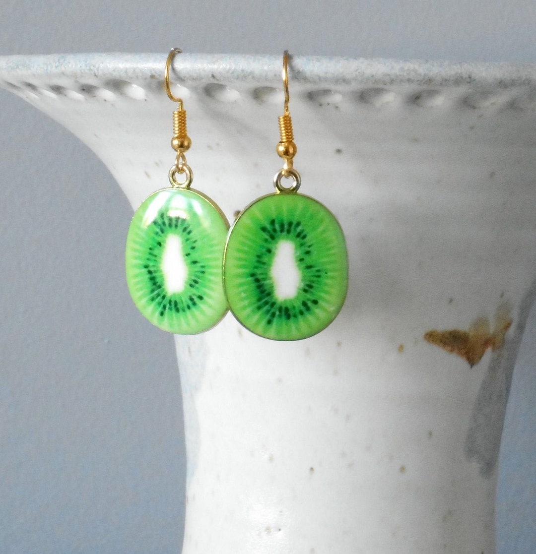 1" Gold Tone Enamel Kiwi Slice Charm Earrings - Etsy