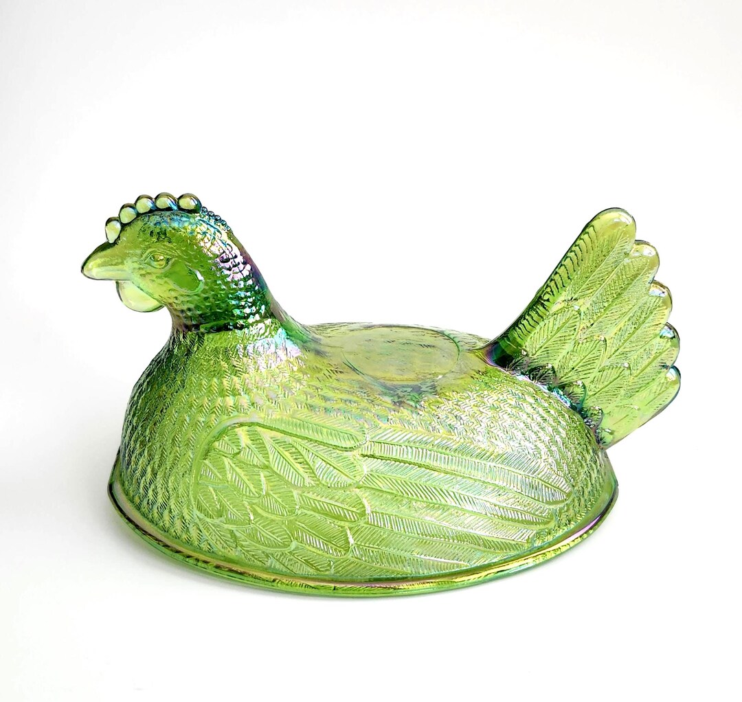 Vintage Green Carnival Glass Hen on Nest Dish Cover Only – Iridescent ...