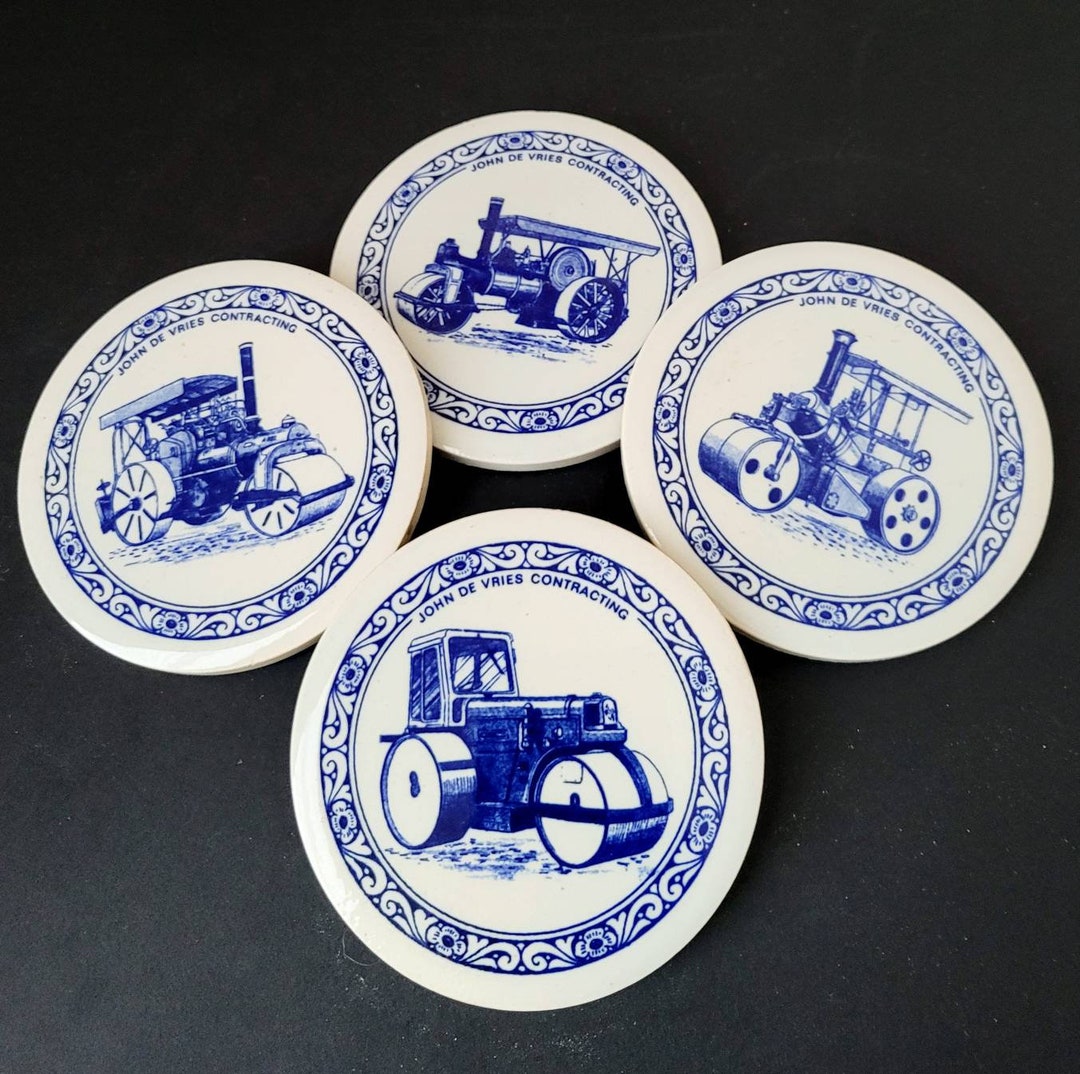 Set of 4 Vintage Blue & White Ceramic Coasters, Vintage Home Decor, Bar ...