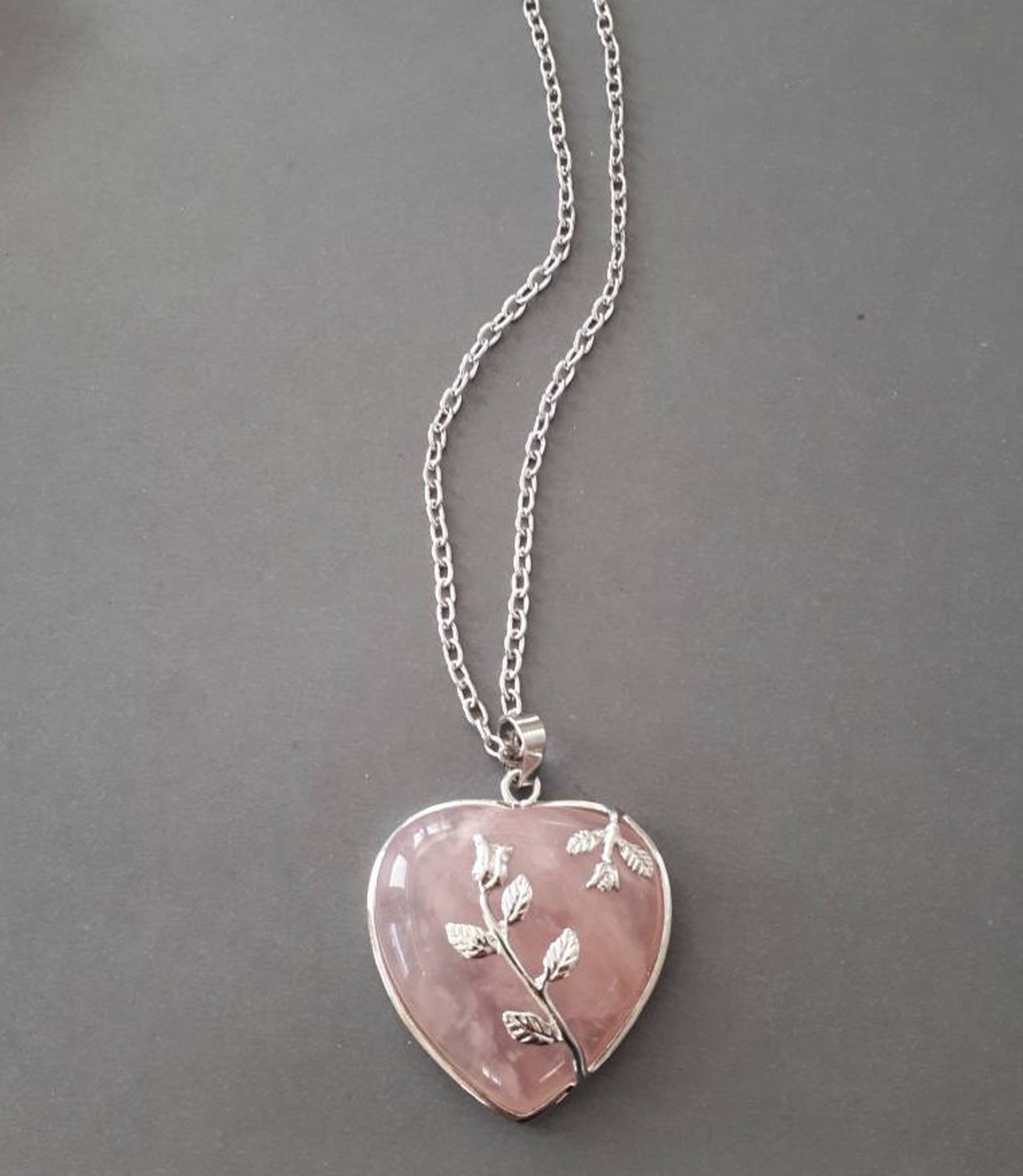 Natural Pink Rose Quartz Gemstone Heart Pendant, Hand Made Chain ...