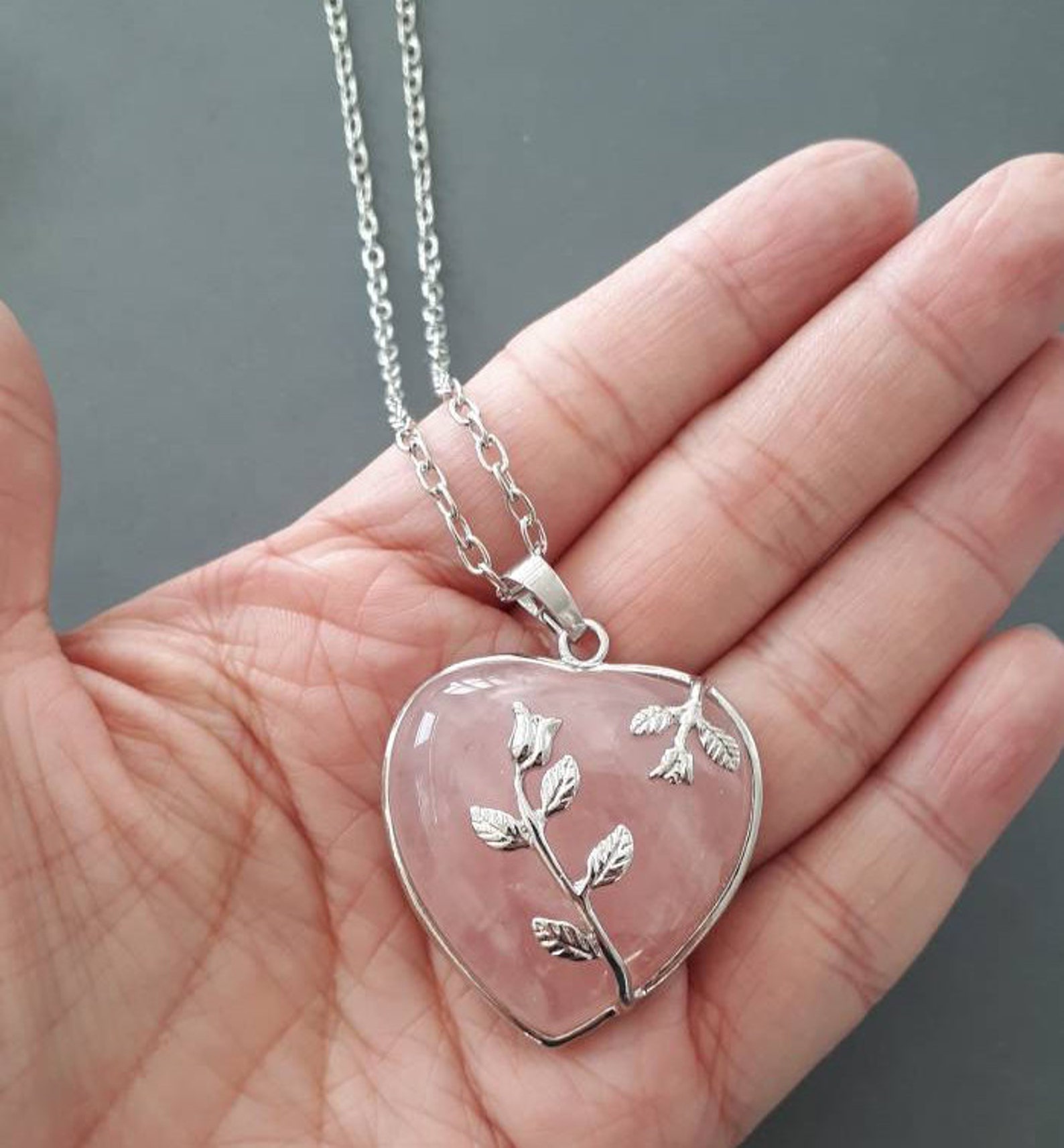 Natural Pink Rose Quartz Gemstone Heart Pendant, Hand Made Chain ...