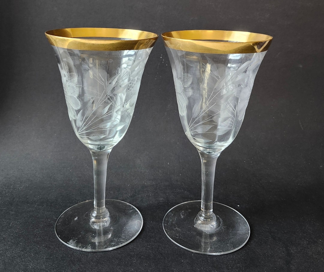 Pair of Vintage Gold Banded Etched Sun Flower Wine Goblets, Gold ...