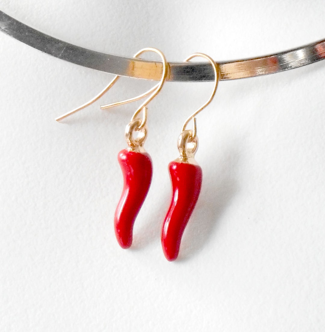 3D Gold Tone Enamel Red Chili Charm Earrings, Red Pepper Charm Earrings ...