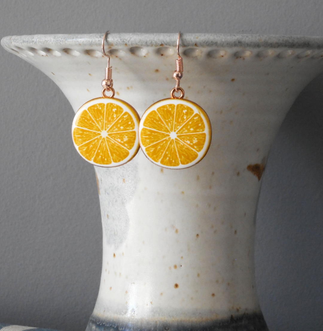 1.25" Gold Tone Enamel Lemon Slice Charm Earrings - Etsy