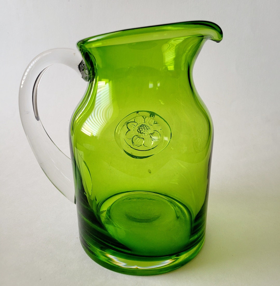 Vintage Green Glass Pitcher With Clear Glass Handle, Unique Glass Vase ...