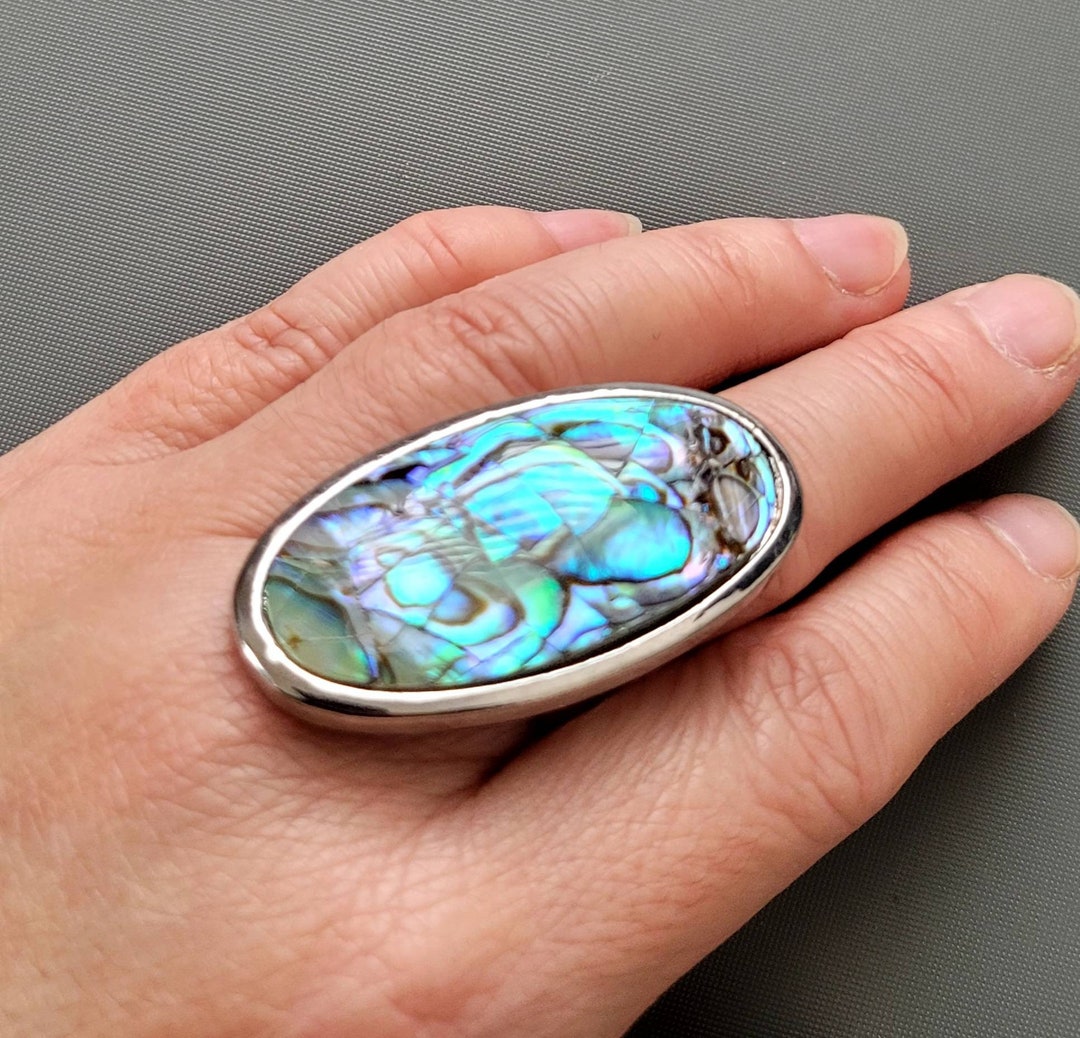 VTG Large Abalone Shell Oval CAB Silver Statement Ring, Adjustable Ring - Etsy