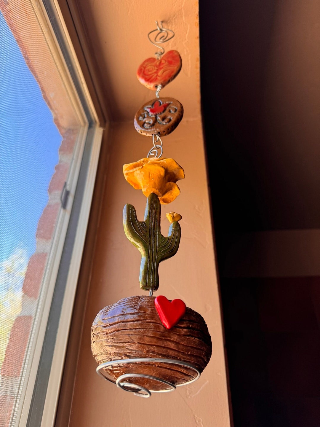 Handmade Hanging Pottery Strand Saguaro W/yellow Flower Unique Pottery ...