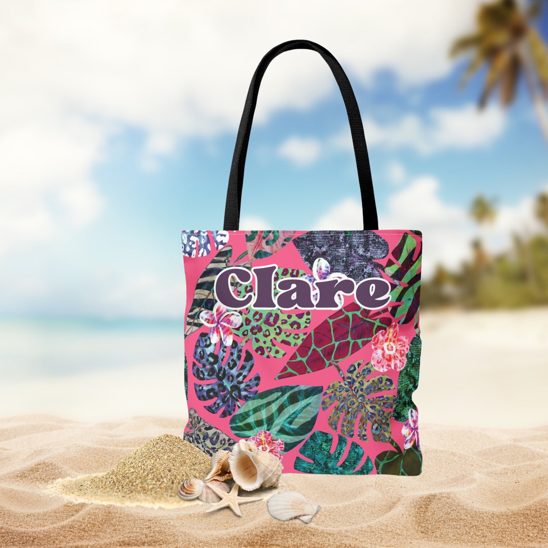 Personalized Beach Tote Bag, Pink & Tropical Foliage, Personalized Gift ...