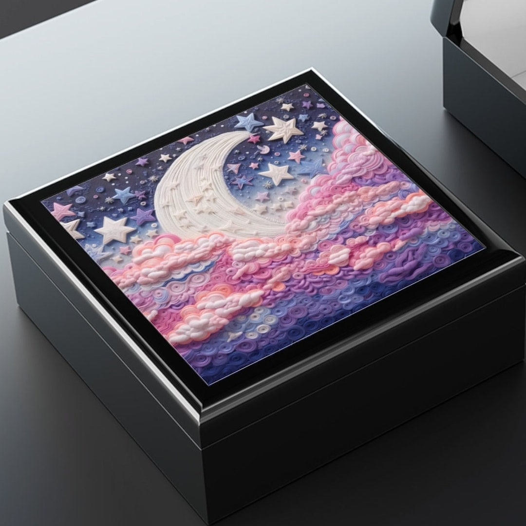 Moon & Stars Wood Jewelry Box Embroidery Look Ceramic, Memory, Keepsake ...